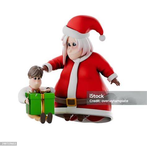 소녀 산타 클로스 3d 일러스트 스타일 여성 산타클로스 주인이 오른손에 어린이 인형 장난감을 들고 앉아 있습니다 일러스트레이션 스타일 3차원 형태에 대한 스톡 사진 및 기타