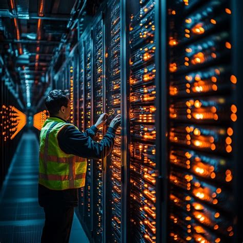 Free Technician Inspecting Servers Photo Technician Servers Data Center Download At Stockcake