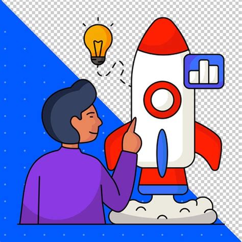 Premium PSD A Man Pointing At A Rocket With A Light Bulb Above Him