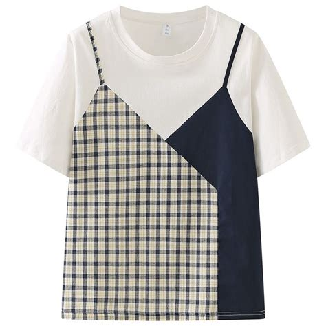 Plaid Color Block Fake Two Piece T Shirt Trendy Fashion Color Block Kawaii Fashion