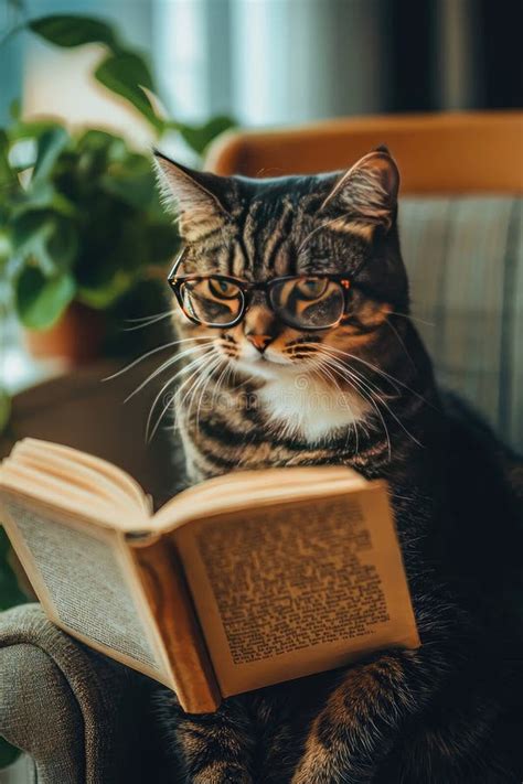A Cat In Glasses Is Reading A Book In A Chair Selective Focus Stock Image Image Of Home Cafe