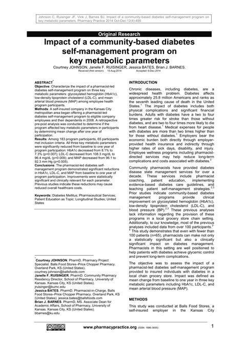 Pdf Impact Of A Community Based Diabetes Self Management Program On Key Metabolic Parameters