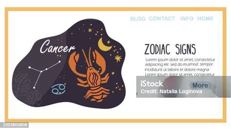 조디악 표지판 게자리 점성술 아이콘이 있는 랜딩 페이지 조디악 표지판 별자리 기호입니다 별자리 별 하늘 게 손으로 그린 벡터 그림입니다 7월에 대한 스톡 벡터 아트 및 기타