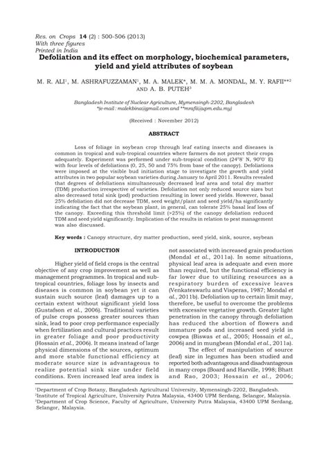 Pdf Defoliation And Its Effect On Morphology Biochemical Parameters