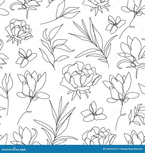 Vector Flower Linear Seamless Background Flowers And Leaves One