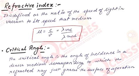 Class ISC Physics Important Notes Chapter Refraction Of Light At Plane Interfaces