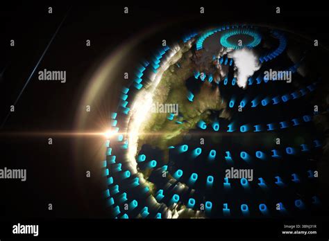 Digital 3d Render Showing Planet Earth Orbiting In Space With Glowing Blue Binary Code Overlay