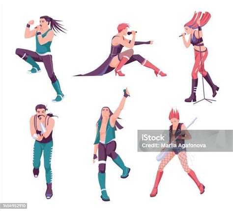 록과 팝 가수의 집합입니다 전문 음악가의 캐릭터 무대 흰색 배경에 격리 벡터 평면 그림입니다 록밴드 음악가에 대한 스톡 벡터 아트 및 기타 이미지 Istock