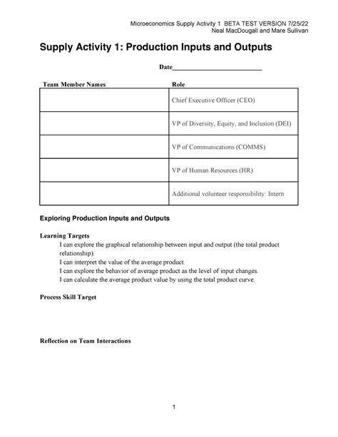 Supply Activity 1 Production Inputs And Outputs Supply Activity 1 Production Inputs And
