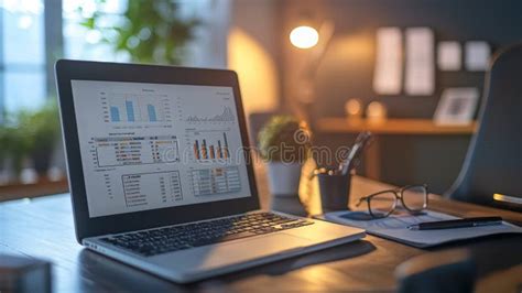 Laptop Displaying Financial Graphs On A Desk In A Cozy Office Stock