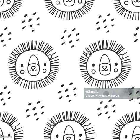 모노크롬 사자 원활한 패턴입니다 손으로 그린 귀여운 사자 벡터 그림 포스터 카드 티셔츠를 위한 손으로 그린 벡터 삽화 0명에 대한 스톡 벡터 아트 및 기타 이미지 Istock