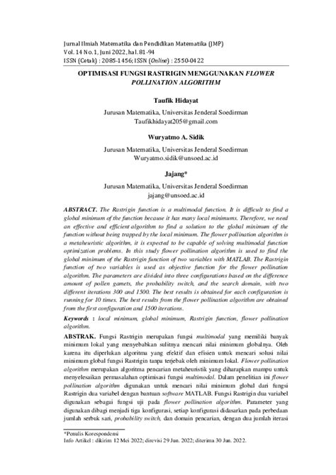 Pdf Optimisasi Fungsi Rastrigin Menggunakan Flower Pollination Algorithm