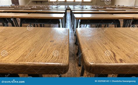 Empty Classroom With Rows Of Wooden Desks Stock Illustration