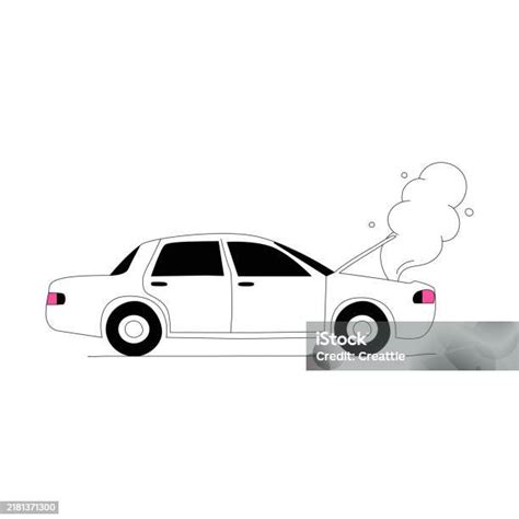 자동차 고장 수리 및 자동차 유지 보수를 상징하는 평면 벡터 일러스트 레이 션에서 열린 후드와 연기와 함께 자동차 흰색 배경에 고립 교통수단에 대한 스톡 벡터 아트 및 기타