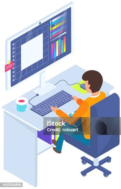 남자는 그림을 그리기 위해 그래픽 편집기 프로그램에서 일합니다 컴퓨터 화면의 이미지 편집 응용 프로그램 가상현실에 대한 스톡