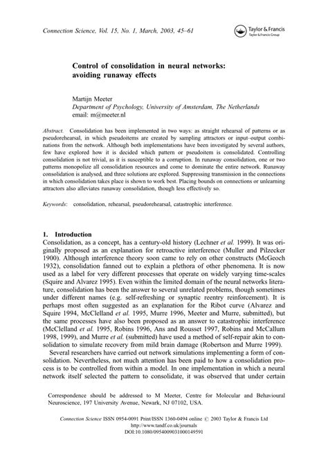 Pdf Control Of Consolidation In Neural Networks Avoiding Runaway Effects