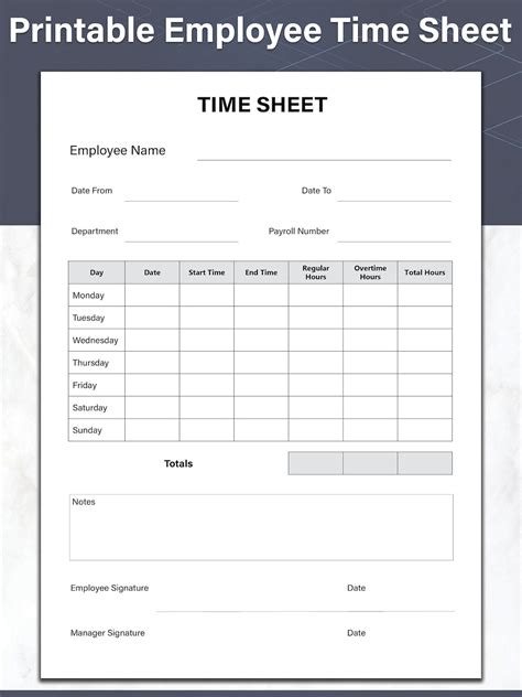 Printable Employee Time Sheet Hours Worked Log And Weekly Time Tracker Ideal For Your Small