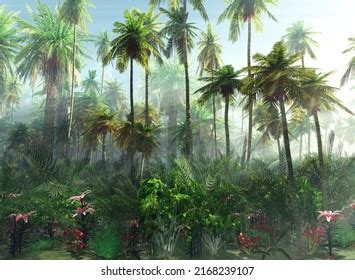 Jungle Beautiful Rainforest Fog Palm Trees Stock Illustration 1902540760 Shutterstock