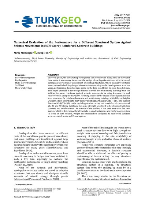 Pdf Numerical Evaluation Of The Performance For A Different Structural System Against Seismic