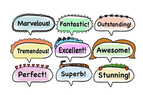 다채로운 말풍선에 칭찬 단어의 손 그리기 그림 긍정적 인 칭찬을주는 탁월한 환상적인 완벽한 개념 영어 교육 교구 보조기구 교육의 그림 개념에 대한 스톡 벡터 아트 및 기타