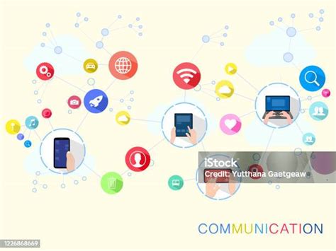 벡터 인터넷 인터넷 통신 개념 밝은 노란색 배경의 온라인 소셜 네트워크 가상현실에 대한 스톡 벡터 아트 및 기타 이미지 가상현실 개발 고객 참여 Istock