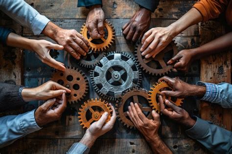 Unity In Diversity Collaborative Teamwork Represented By Interlocking Gears On A Dark Wooden