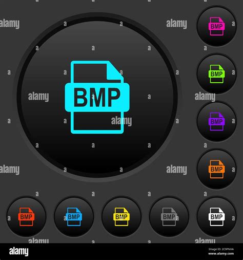 Bmp File Format Dark Push Buttons With Vivid Color Icons On Dark Grey Background Stock Vector