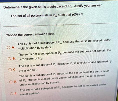 solved text determine if the given set is a subspace of p justify