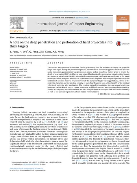 A Note On The Deep Penetration And Perforation Of Hard Projectiles Into Thick Targets Pdf