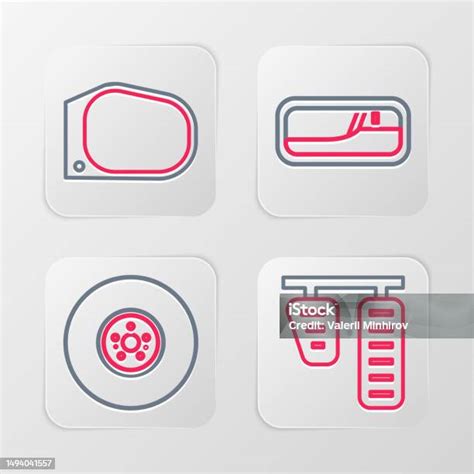 라인 자동차 가스 및 브레이크 페달 디스크 도어 핸들 및 거울 아이콘을 설정합니다 벡터 가속 페달에 대한 스톡 벡터 아트 및