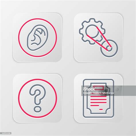 라인 인증서 템플릿 질문이 있는 말풍선 타이밍 벨트 키트 및 귀 듣기 소리 신호 아이콘을 설정합니다 벡터 개념에 대한 스톡 벡터 아트 및 기타 이미지 Istock