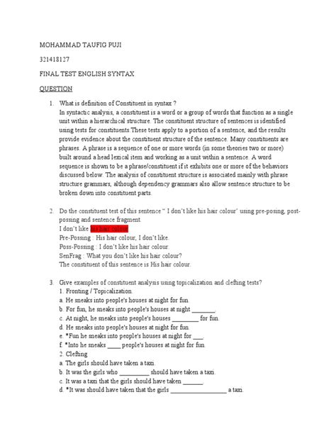 Final Test Syntax Mohammad Taufig Puji Download Free Pdf Phrase Syntax