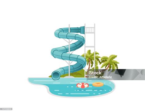 컬러 플라스틱 나사 슬라이드와 흰색 배경에 야자수가 있는 수영장이 있는 워터파크 그림 수영장 스포츠 경기장에 대한 스톡 벡터 아트 및 기타 이미지 수영장 스포츠 경기장