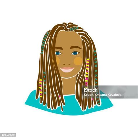 장식 디자인을 위해 그려진 소녀 아프리카 머리띠와 아름다운 현대 벡터 일러스트레이션 아프로 아메리칸 블랙 스킨 아이 벡터 도면입니다 귀여운 사람들 땋은 머리에 대한 스톡