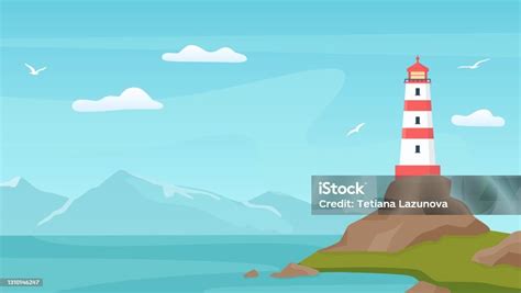비콘과 바다 풍경 바위와 해안에 등대 타워 갈매기 해안 파도 산악 벡터 장면이 있는 만화 푸른 하늘 등대에 대한 스톡 벡터 아트 및 기타 이미지 Istock
