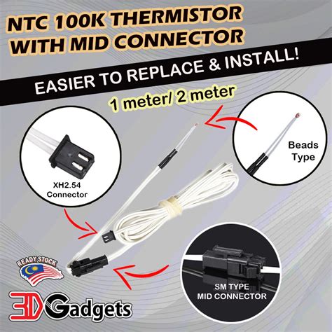 Ntc 100k Beads Head Thermistor With Sm Terminal Mid Connector 1m 2m For 3d Printer Shopee
