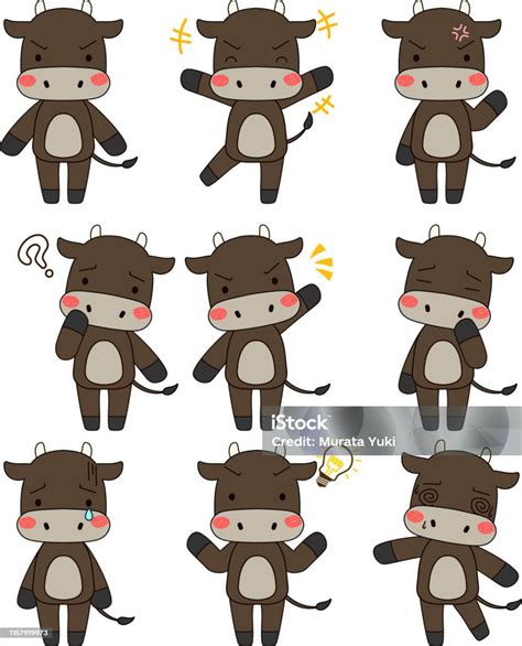 귀여운 검정 소 소 캐릭터 세트의 전체 길이 일러스트 걱정하는에 대한 스톡 벡터 아트 및 기타 이미지 걱정하는 고기