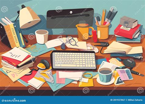A Cluttered Desk With Papers Documents And Gadgets Illustrating A Busy Workspace And The