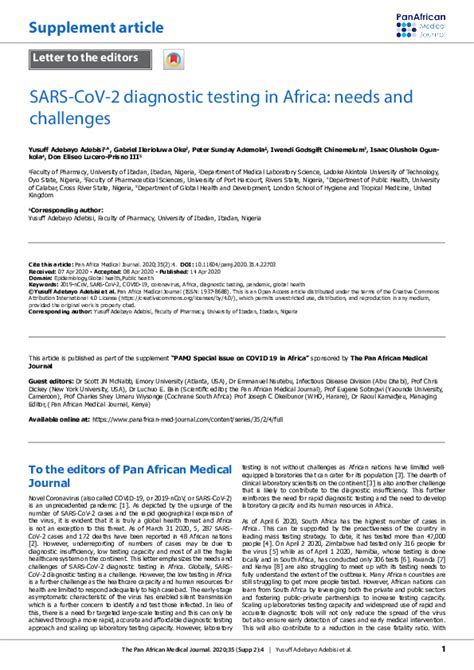 Pdf Sars Cov 2 Diagnostic Testing In Africa Needs And Challenges