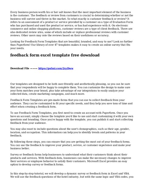 Fillable Online Feedback Form Excel Template Free Download Fax Email Print PdfFiller