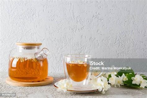재스민 차가 들어간 유리 주전자와 천연 맛있는 음료가있는 현대적인 컵의 정면 전망 회색 배경 티 타임 0명에 대한 스톡 사진 및 기타 이미지 Istock