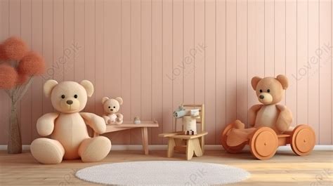 어린이 놀이방이나 생활 공간의 배경 매력적인 곰 장난감의 3d 렌더링 어린 배경 흰색 거실 배경 린이 배경 이미지 Hd