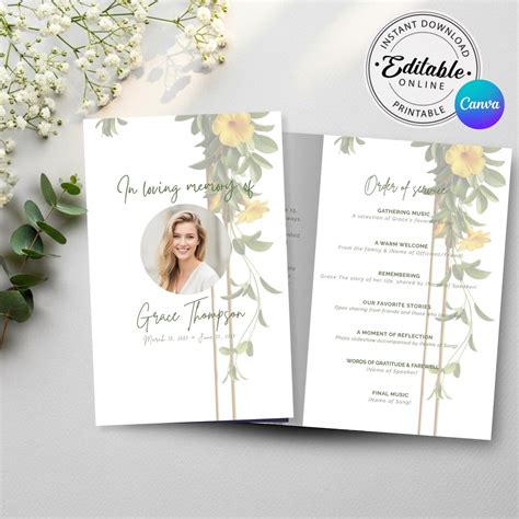 Celebration Of Life Program Template Printable Memorial Service White