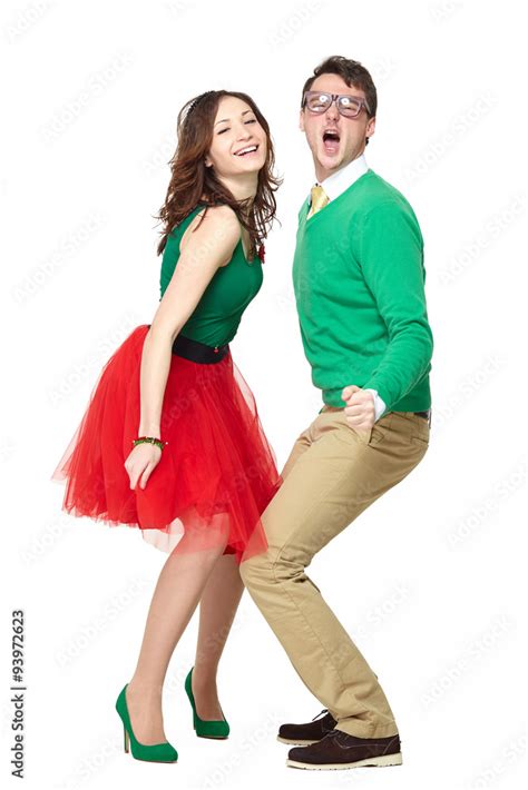 Interracial Weird Nerd Couple Dancing Together Excited Caucasian Young