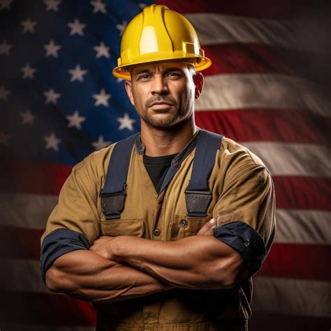 Premium AI Image A Firefighter Wearing A Yellow Hard Hat Stands In Front Of A Flag