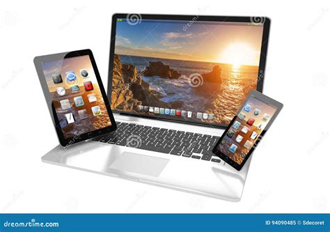 Laptop Mobile Phone And Tablet Connected To Each Other 3d Render Stock