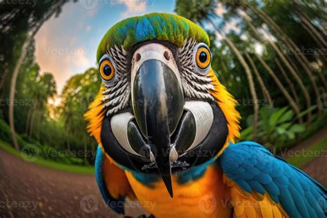 Macaw Parrot Highly Defined Macro Photography Selfie In Jungle