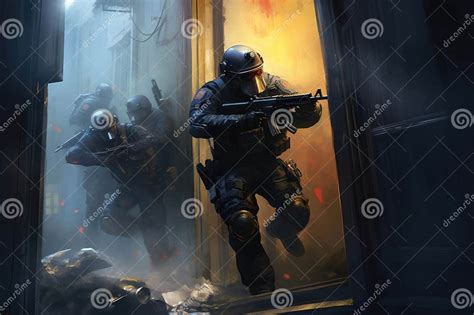 Swat Team Door Breach In Action Stock Illustration Illustration Of