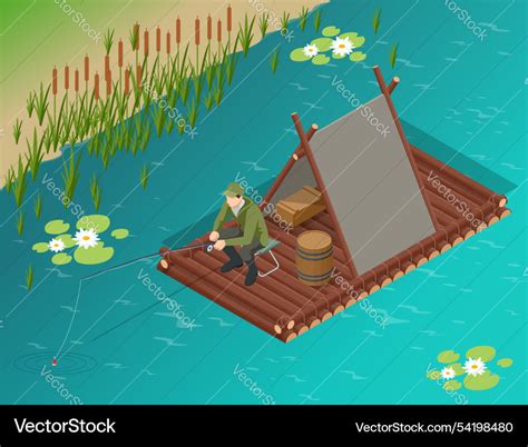 Isometric Travel Down The River On A Wooden Raft Vector Image