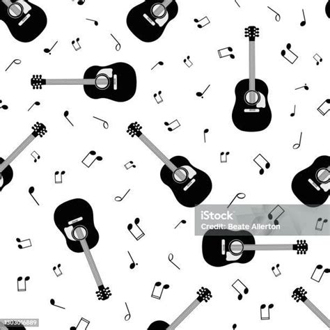 어쿠스틱 기타와 음악 노트 벡터 원활한 패턴 배경 악기 악기와 음표 배경 흑백 반복 음악 레슨 또는 페스티벌 컨셉을 위한 인쇄 반복 락 음악에 대한 스톡 벡터 아트 및 기타